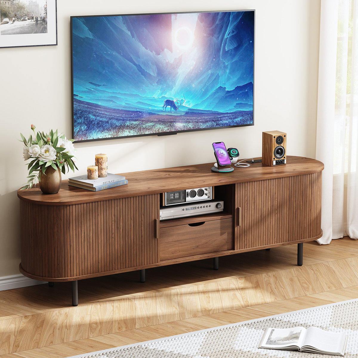 Latitude Run® Tv Stand With Storage And Shelves Designed To Fit 55’’ - 80’’ Tvs. Wood ...